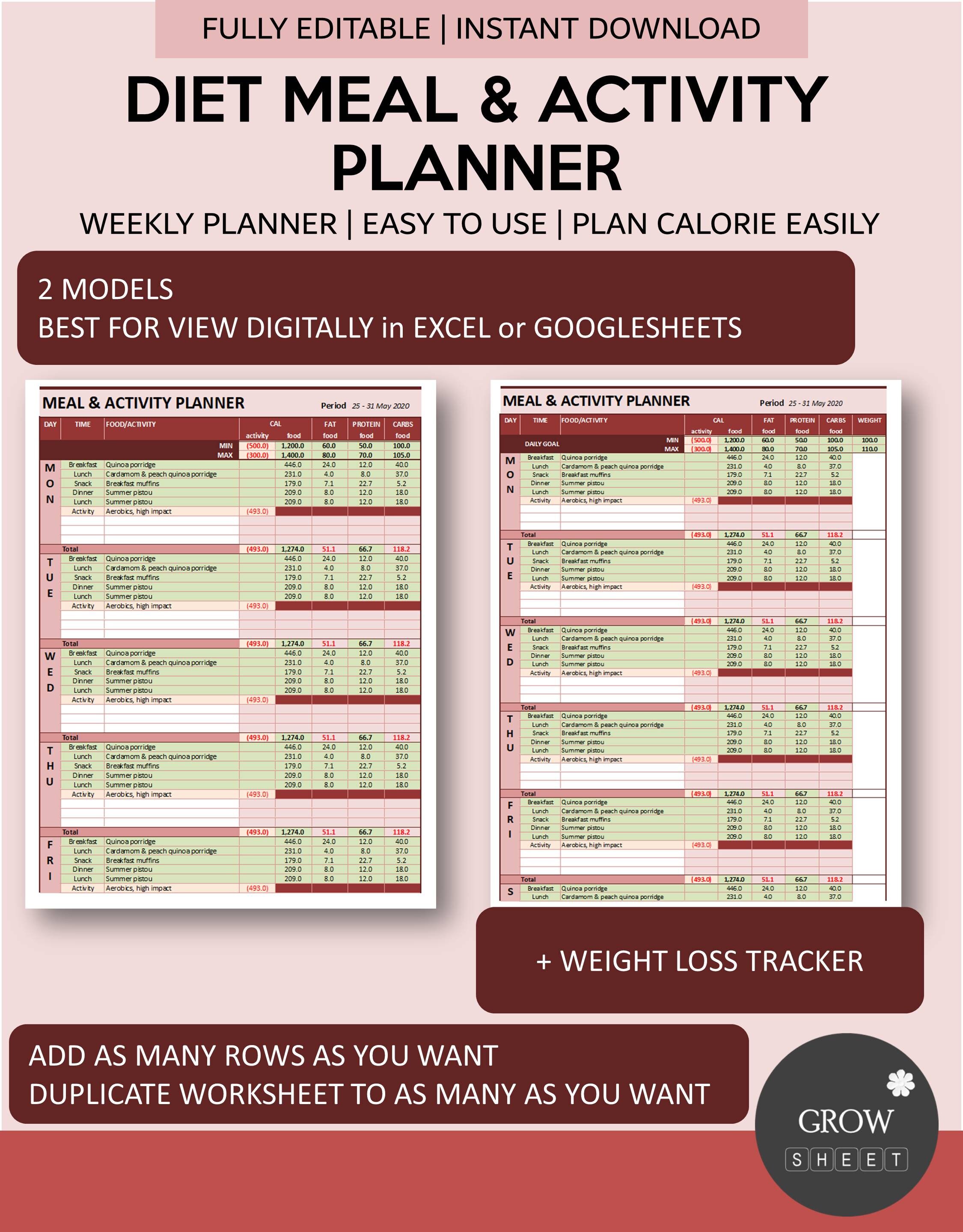 Diet Meal and Activity Planner for Excel and Google Sheets Fully ...
