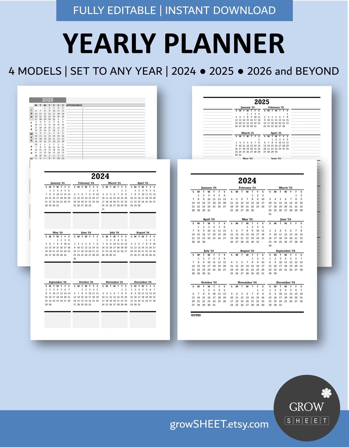 Yearly Planner Template | Yearly Calendar 2024 - 2025 - 2026 and Beyond ...
