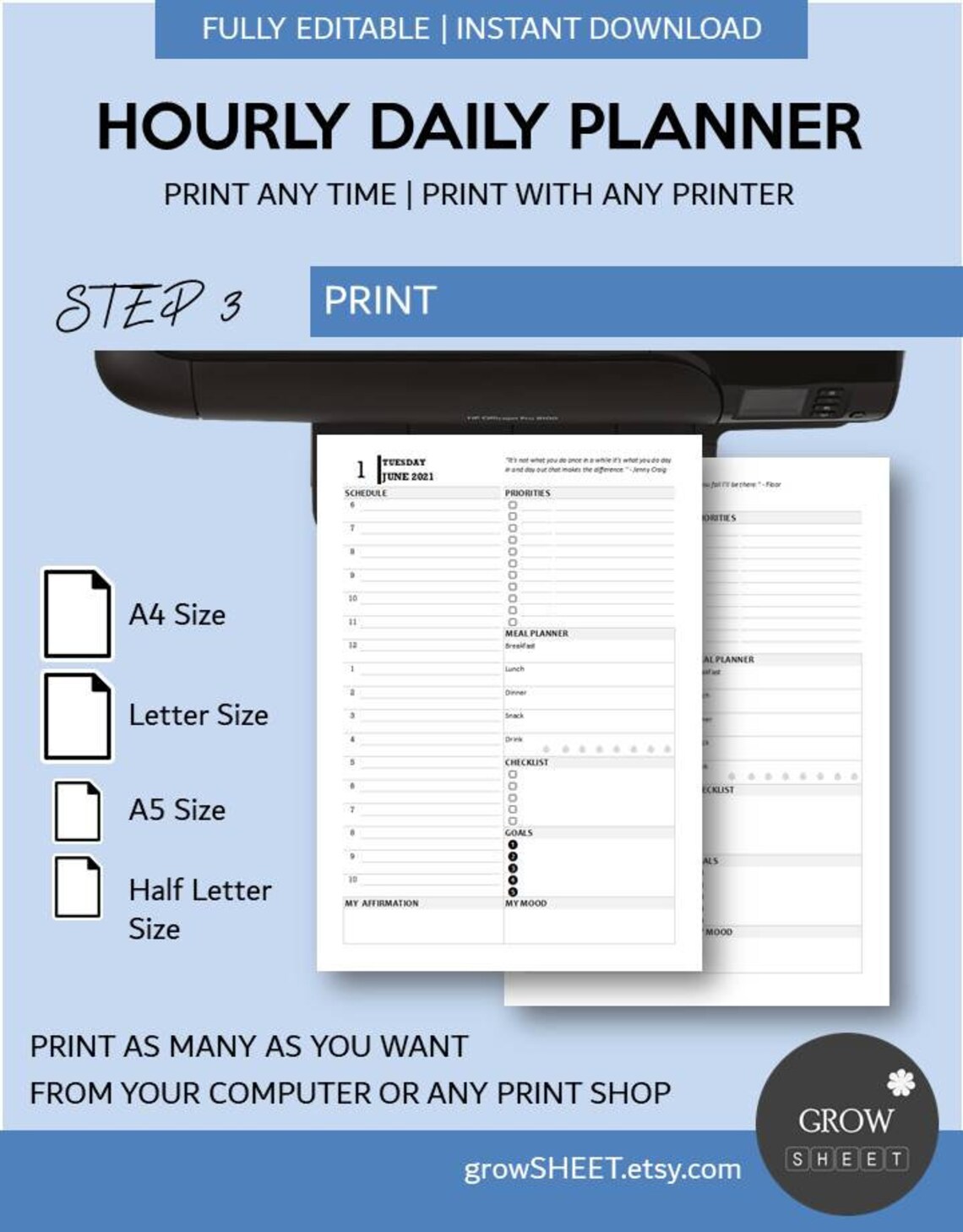 Daily Planner Hourly Printable Daily Planner Template Half Hour Daily ...