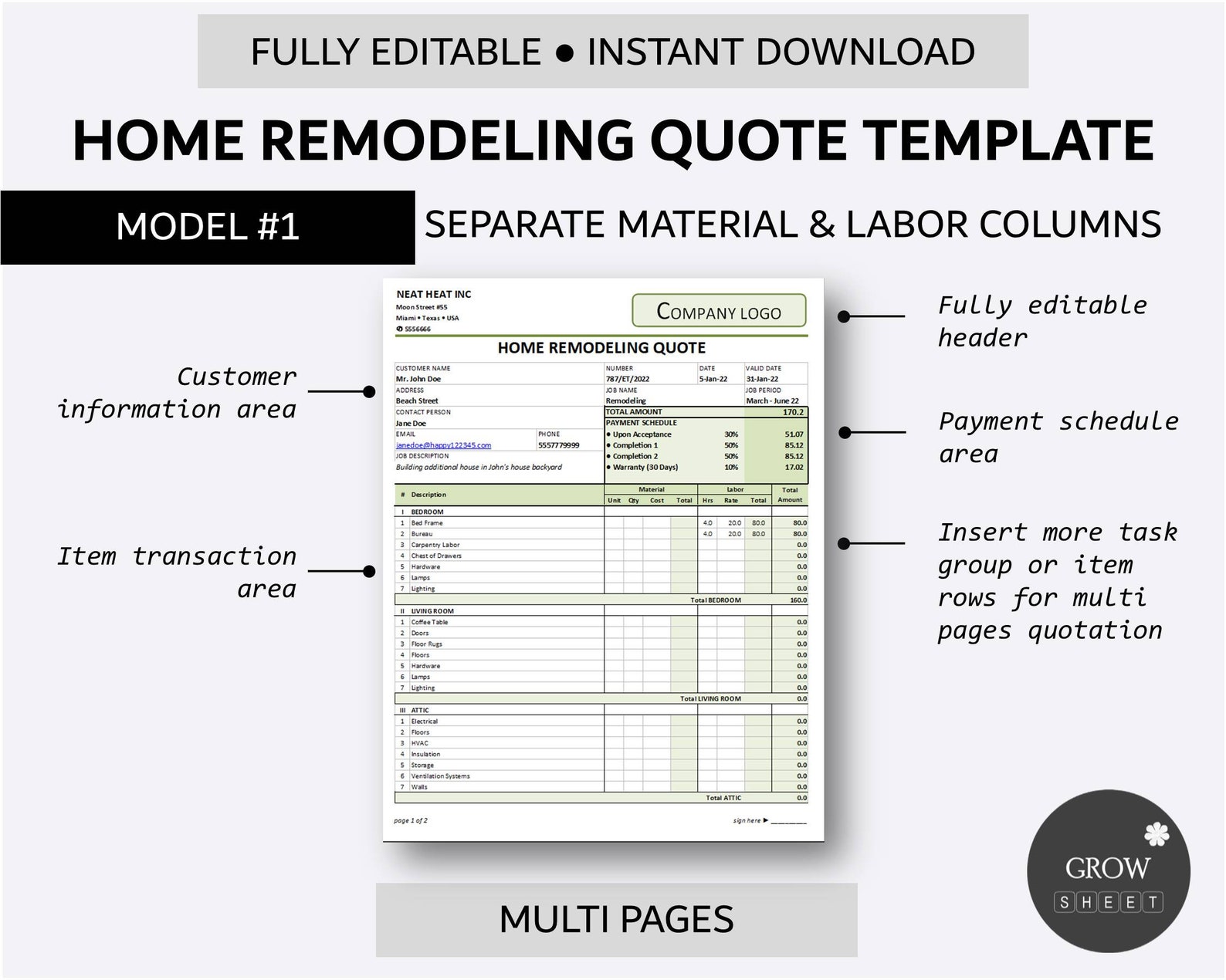Printable Home Remodeling Quote Template | Construction Price Quotation ...