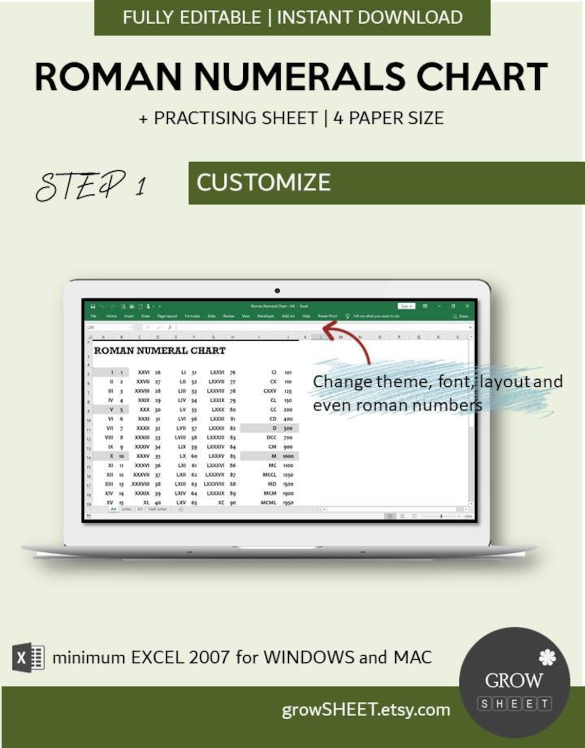 Roman Numerals Chart Template | Roman Numerals Converter and Printable ...