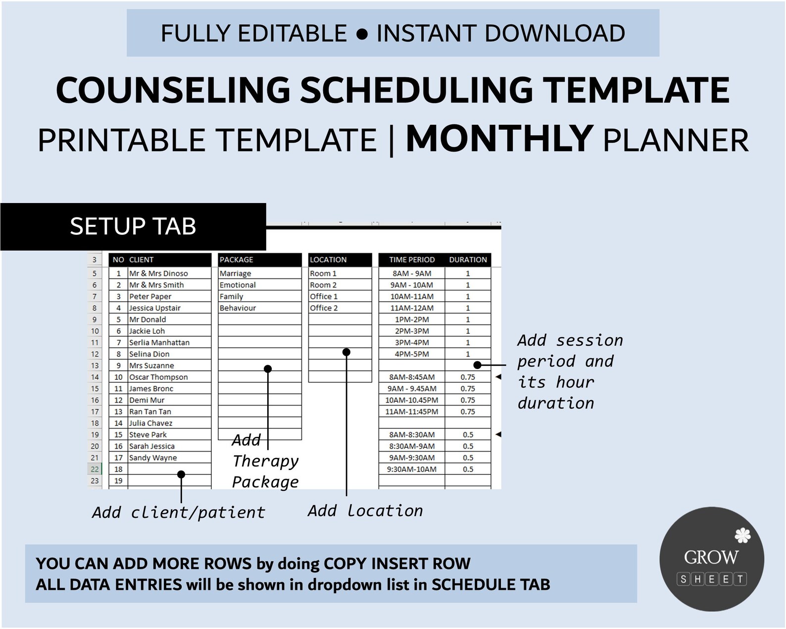 Counseling Scheduling Template for Excel and Google Sheets | Printable ...