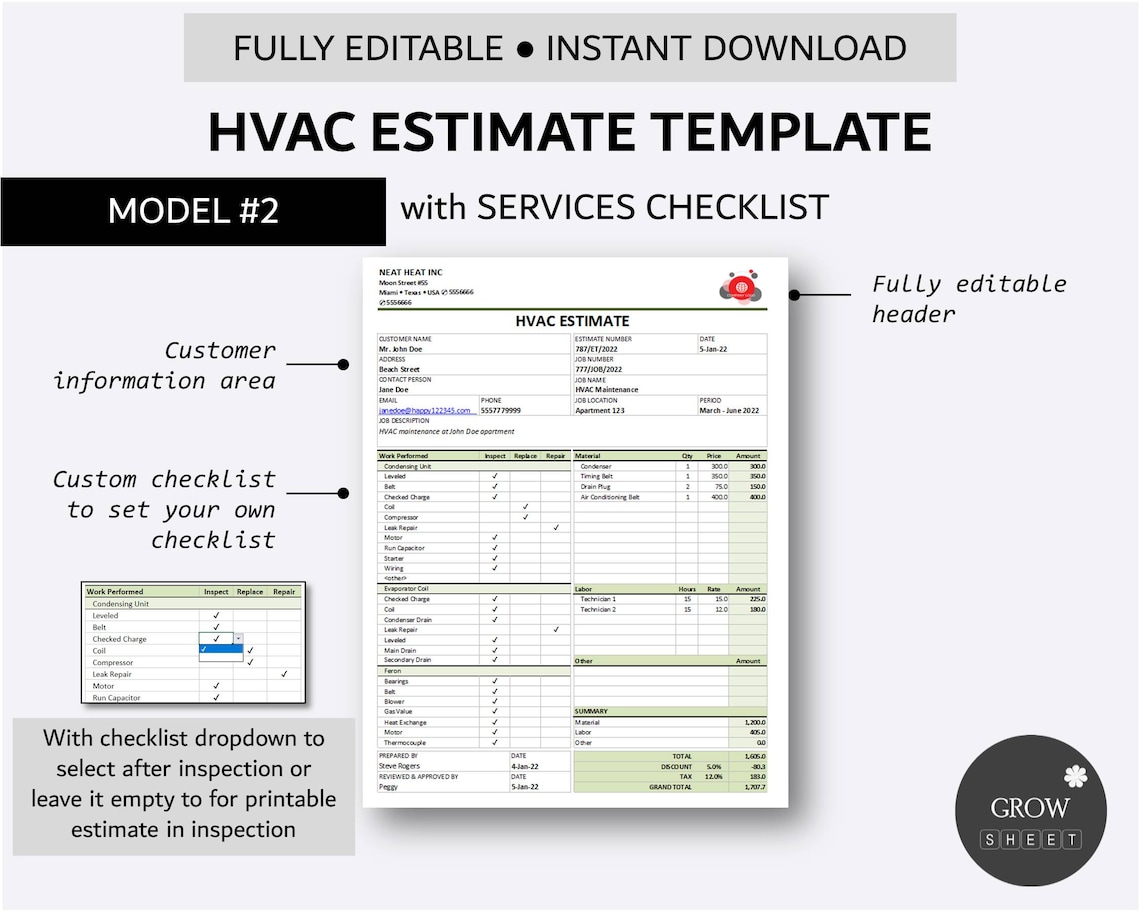 Printable HVAC Estimate Template | Job Estimate Template | Work ...