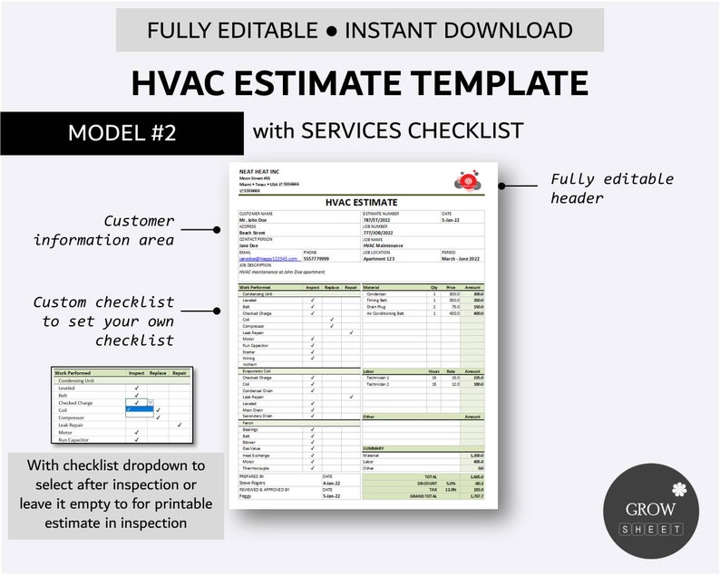 Printable HVAC Estimate Template | Job Estimate Template | Work ...