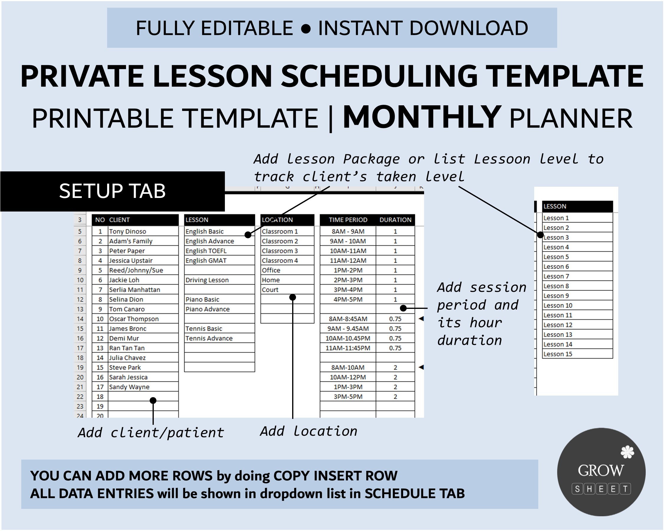 Private Lesson Scheduling Template for Excel and Google Sheets ...