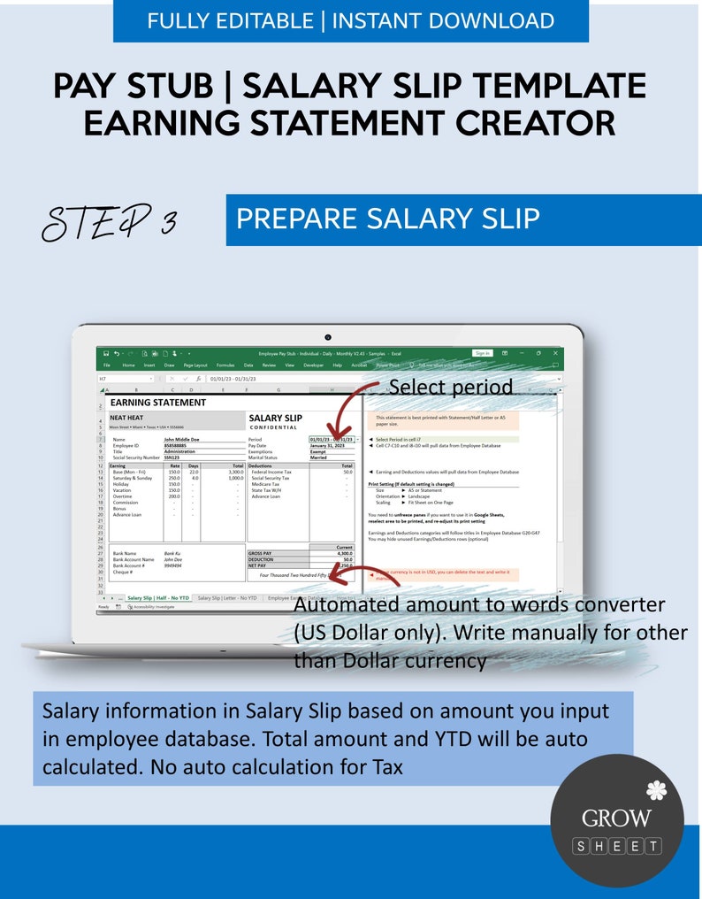 Salary Slip Generator Pay Slip Creator With Daily Employee Database Monthly Pay Period Payroll ...