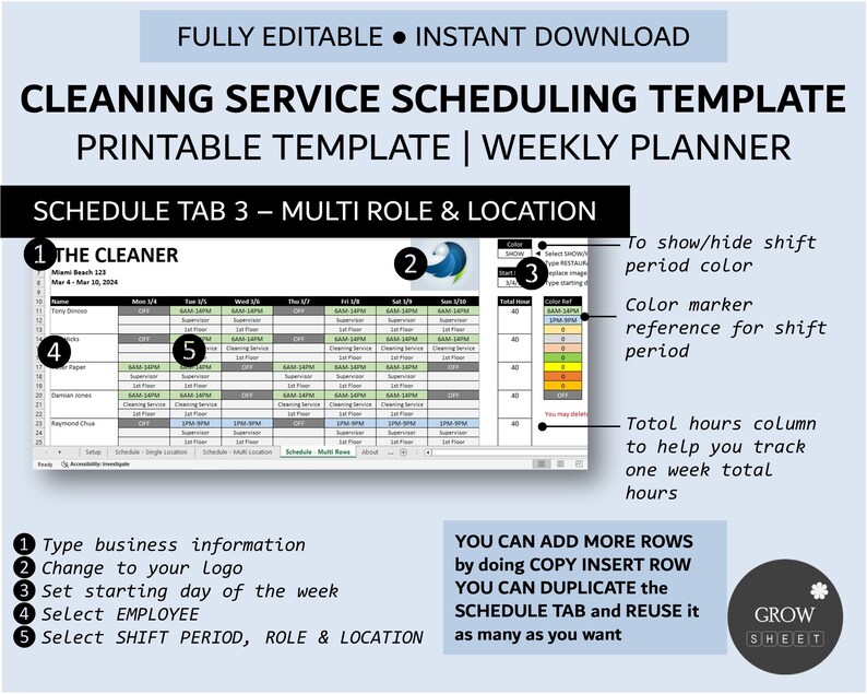 Cleaning Service Scheduling Template | Multi Roles-location-shift ...