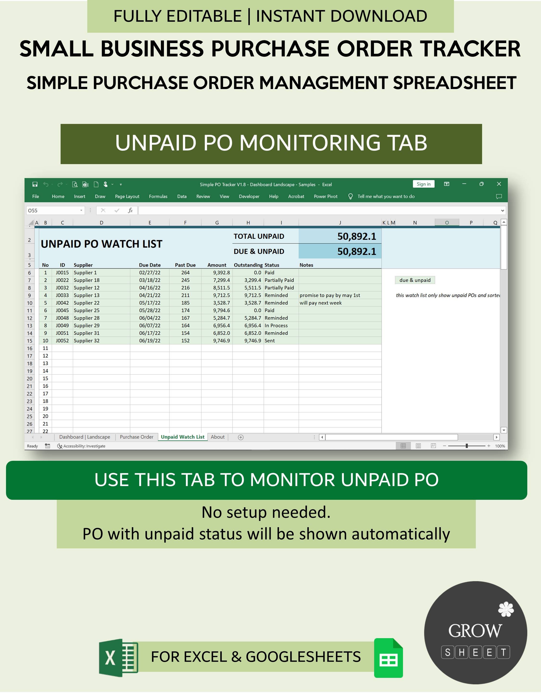 Purchase Order Tracker Spreadsheet | Simple Small Business Purchase ...