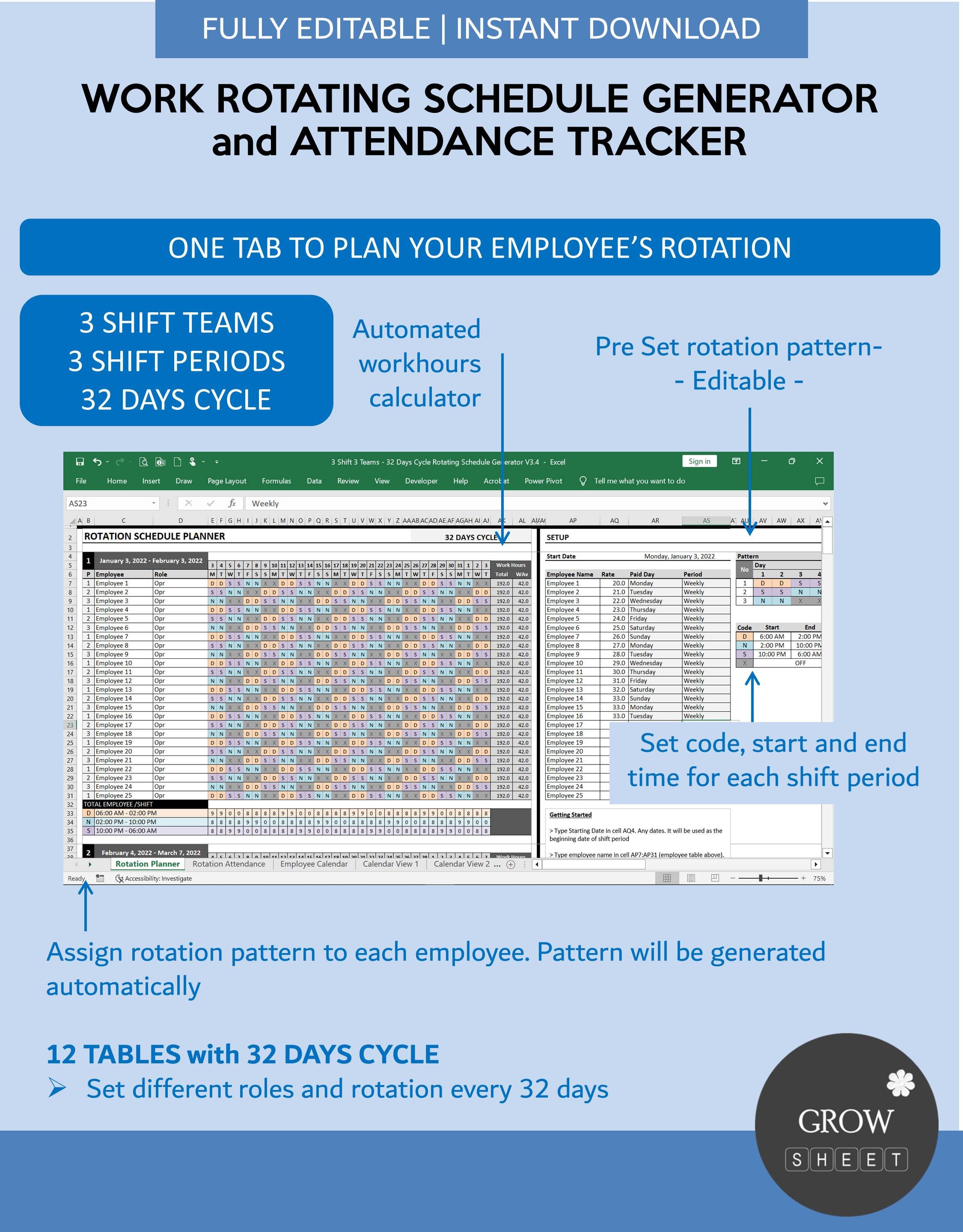 Work Rotating Generator Template and Attendance Tracker | Automated ...