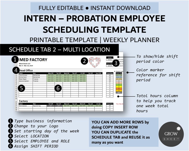 Intern-probation Employee Scheduling Template | Multi Roles-location ...