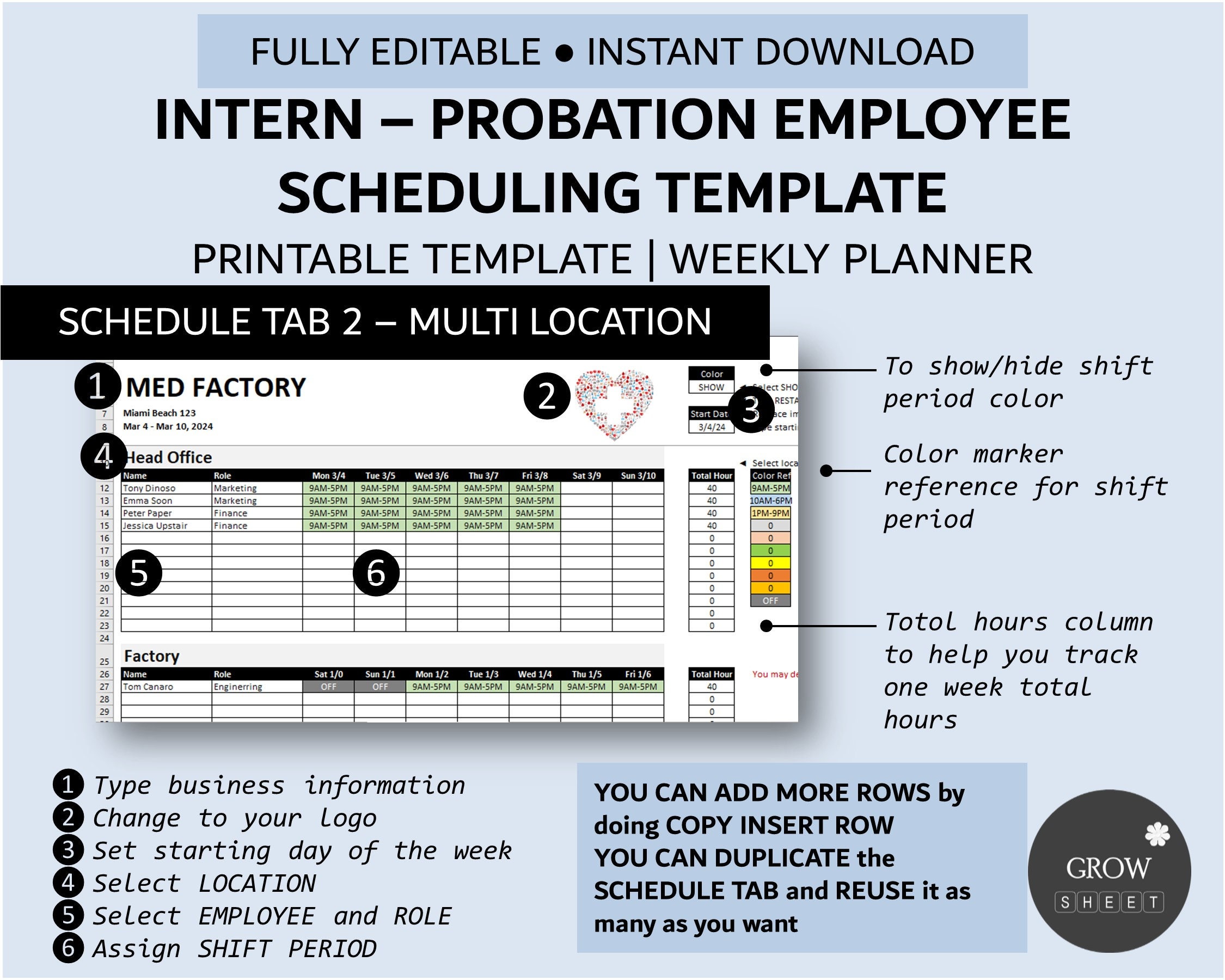 Intern-probation Employee Scheduling Template | Multi Roles-location ...
