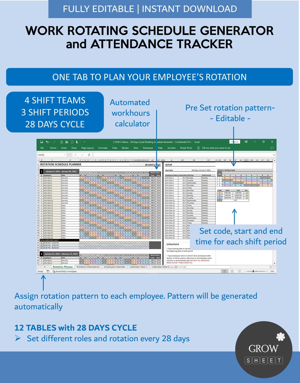 Work Rotating Generator Template and Attendance Tracker | Automated ...