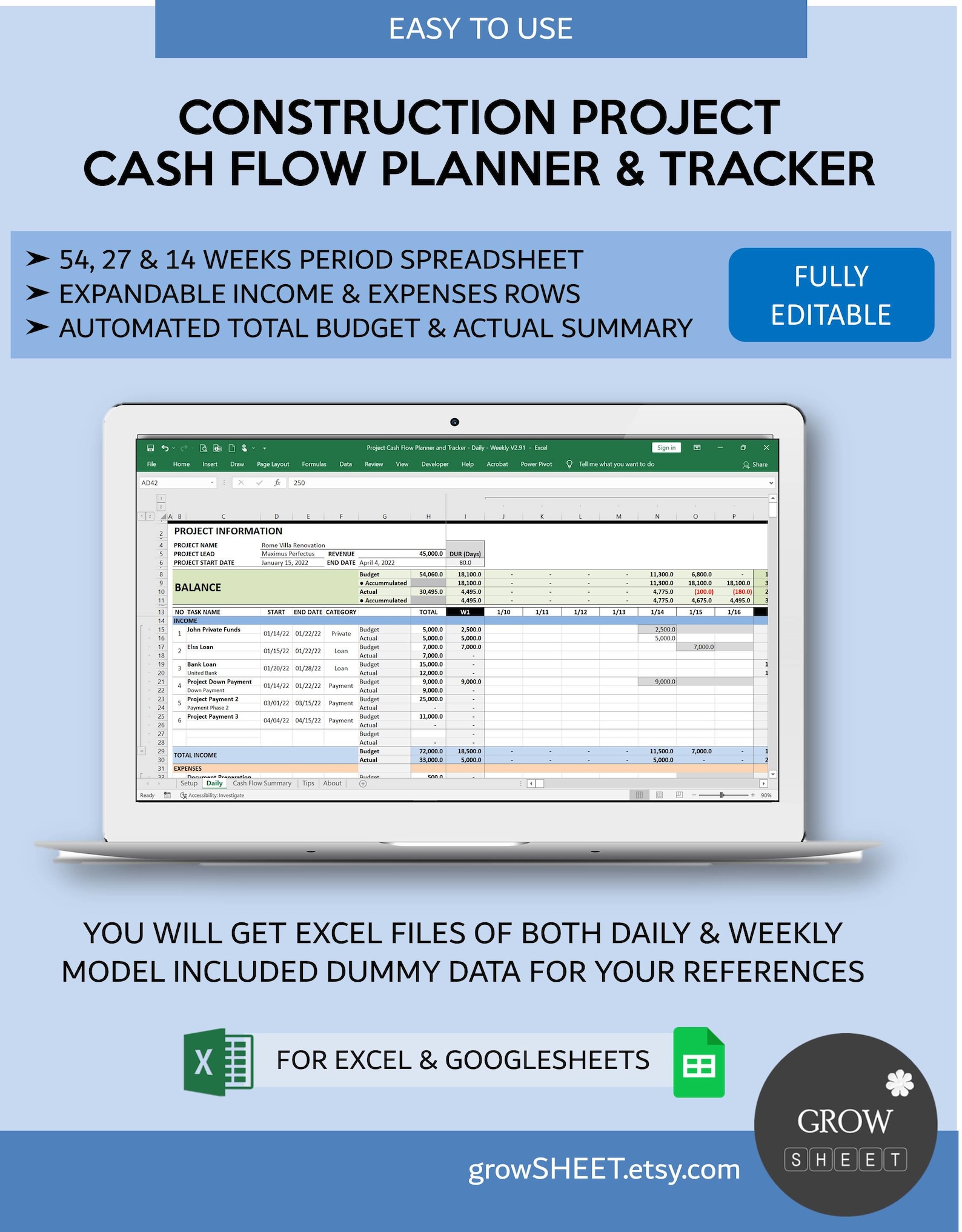 Construction Project Cash Flow Planner and Tracker Spreadsheet | Daily ...
