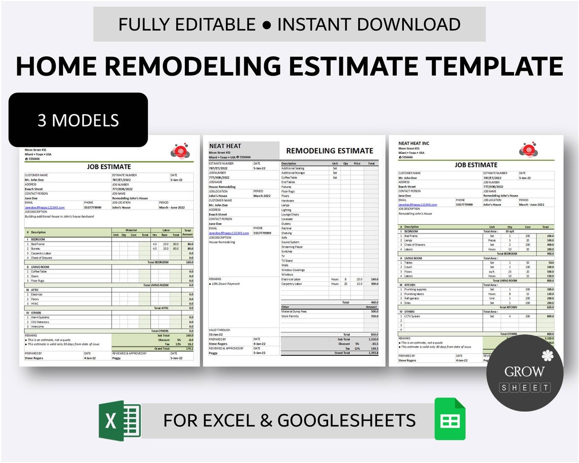 Printable Home Remodeling Estimate Template | Job Estimate Form for ...
