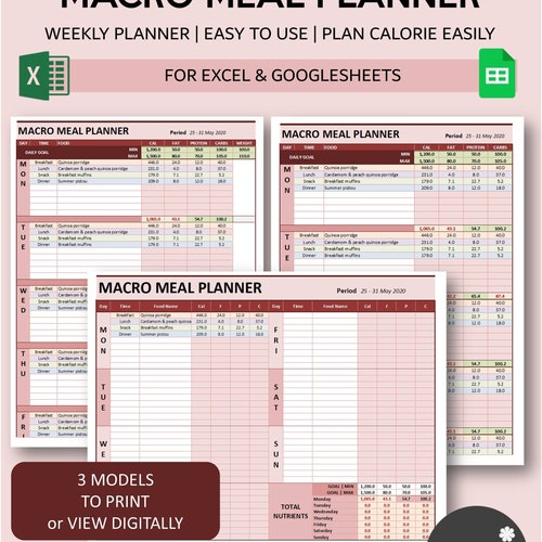 Macro Meal Planner for Excel and Googlesheets Fully Editable - Etsy