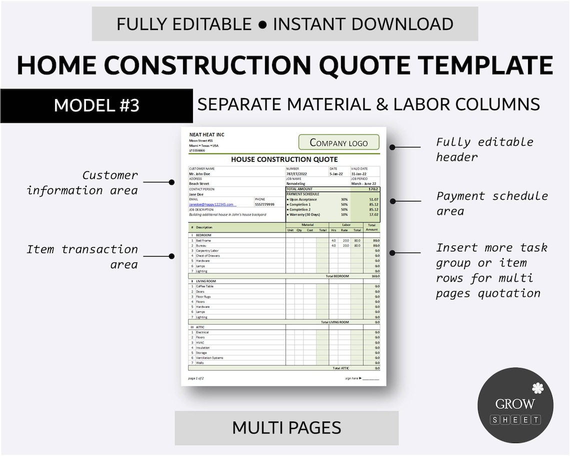 Printable House Construction Quote Template | Price Quotation Form for ...