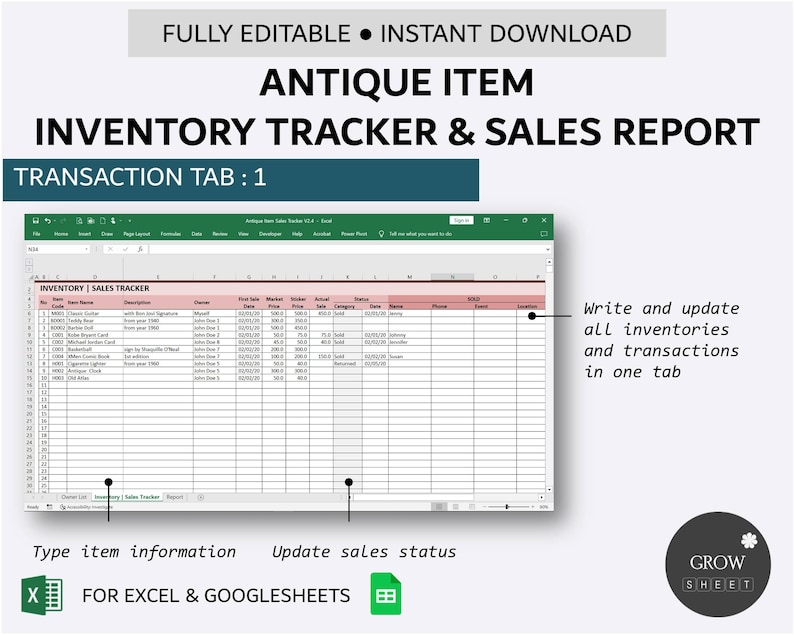 Antique Item Sale Inventory and Sales Tracker | Sales Item Listing ...