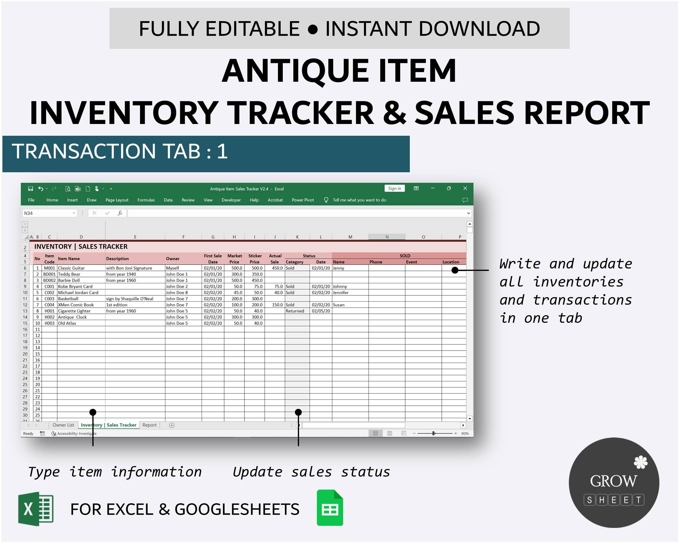 Antique Item Sale Inventory and Sales Tracker | Sales Item Listing ...