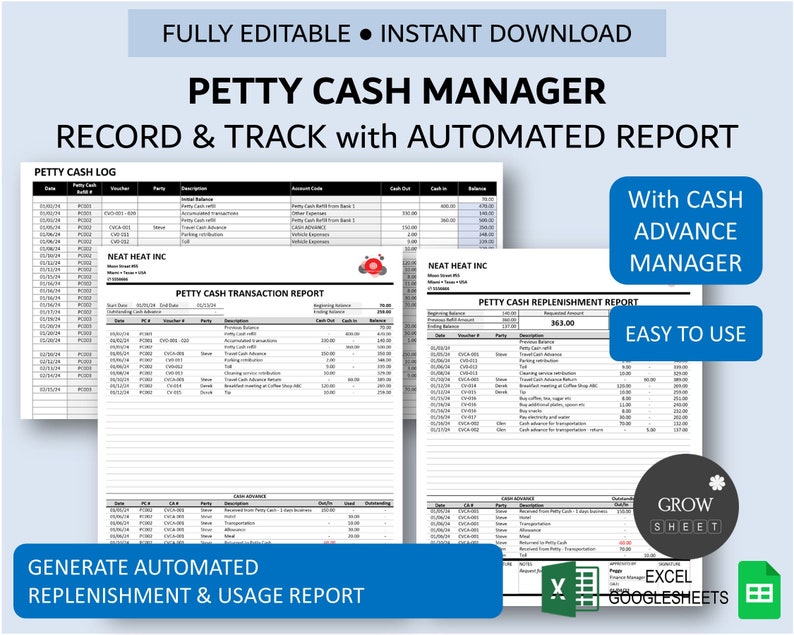 Petty Cash Log With Automated Replenishment Report | Petty Cash Management Template | Cash ...