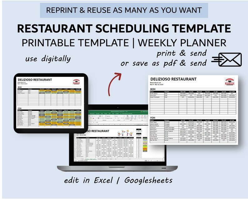 Restaurant Scheduling Template for Excel and Google Sheets | Multi ...