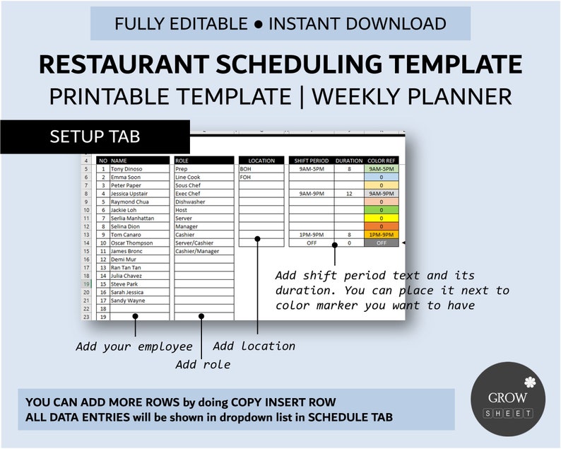 Restaurant Scheduling Template for Excel and Google Sheets | Multi ...