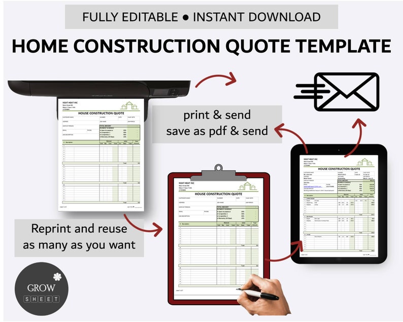 Printable House Construction Quote Template | Price Quotation Form for ...
