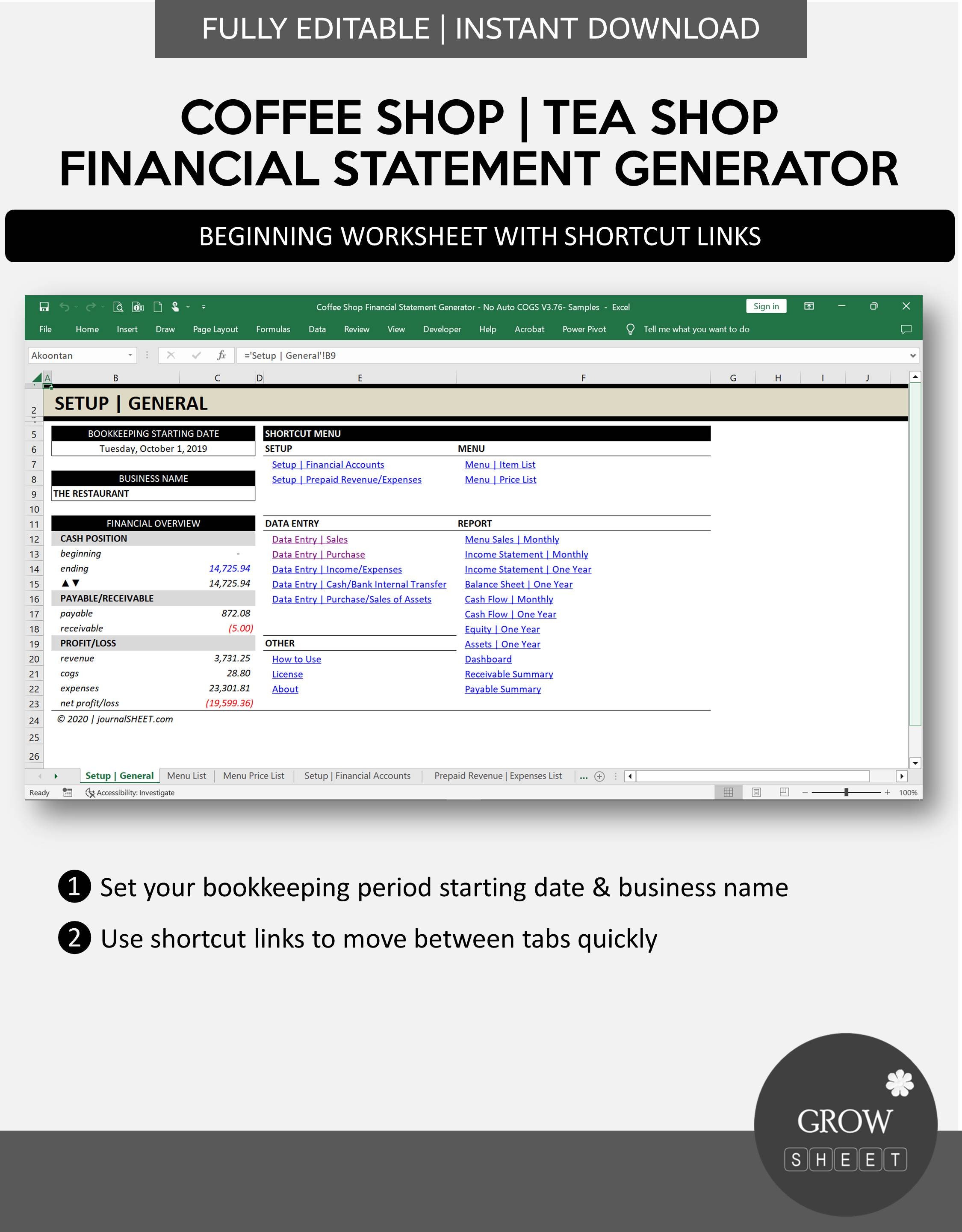 Coffee Shop Business Financial Statement Generator Automated Income ...