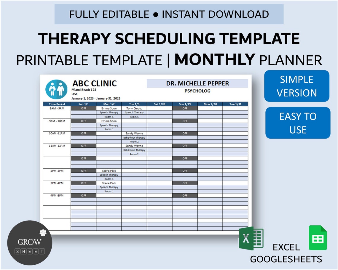 Therapy Scheduling Template for Excel and Google Sheets | Printable One ...