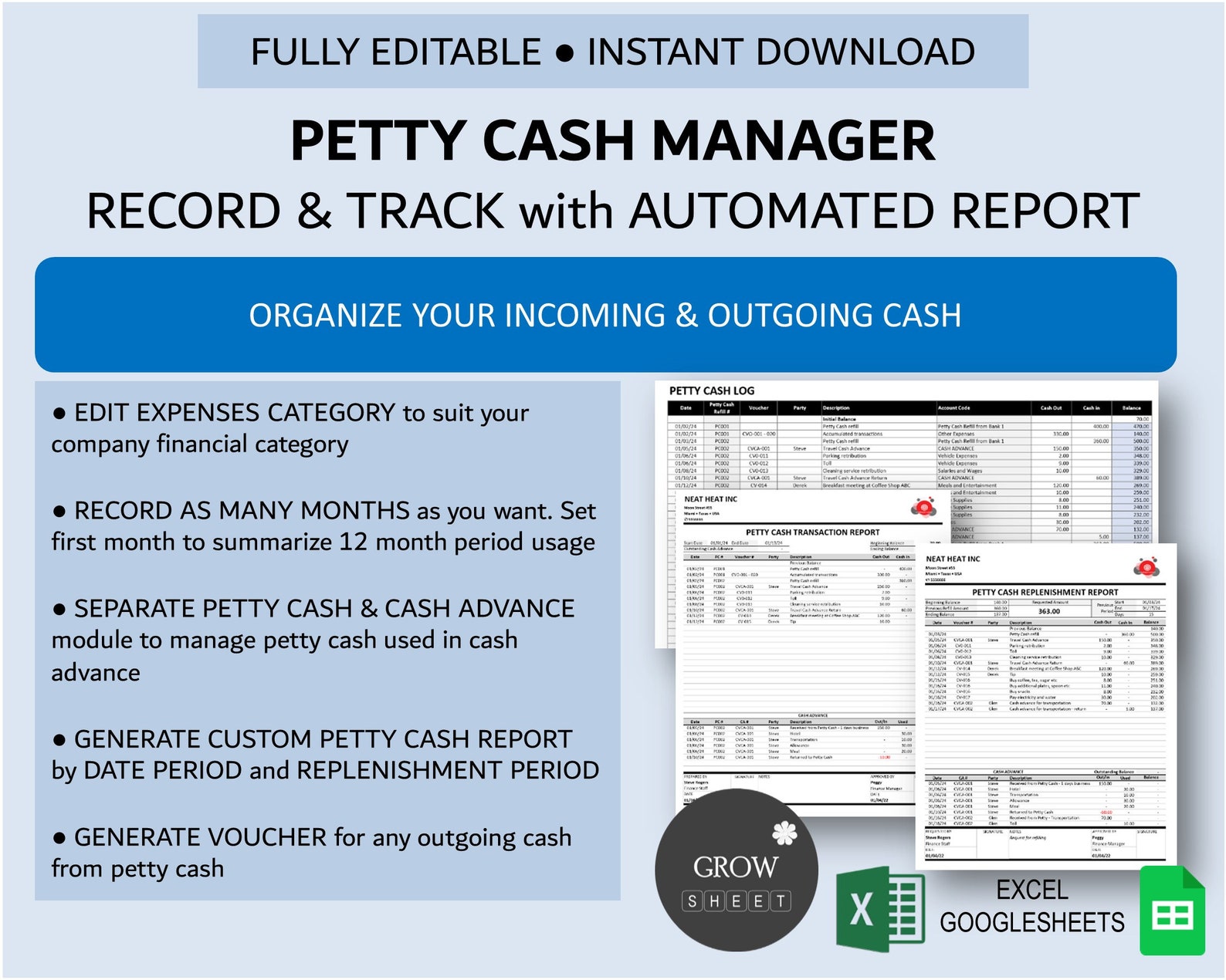 Petty Cash Log With Automated Replenishment Report | Petty Cash ...