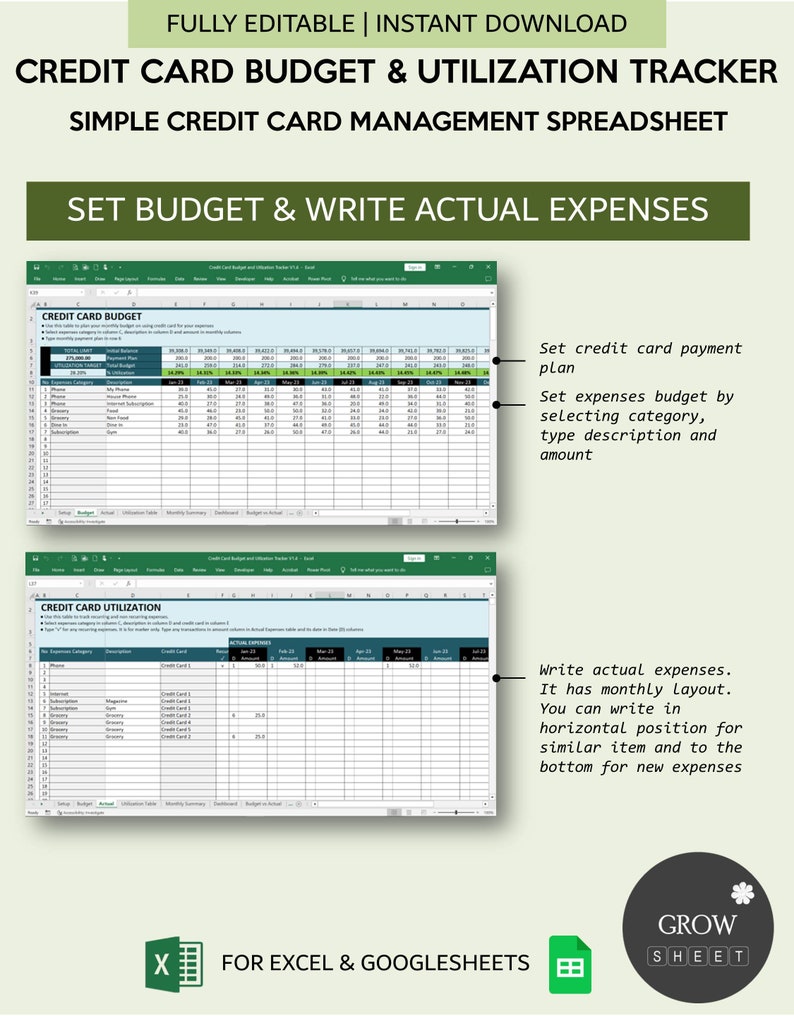 Credit Card Budget Planner and Utilization Tracker Spreadsheet Credit ...