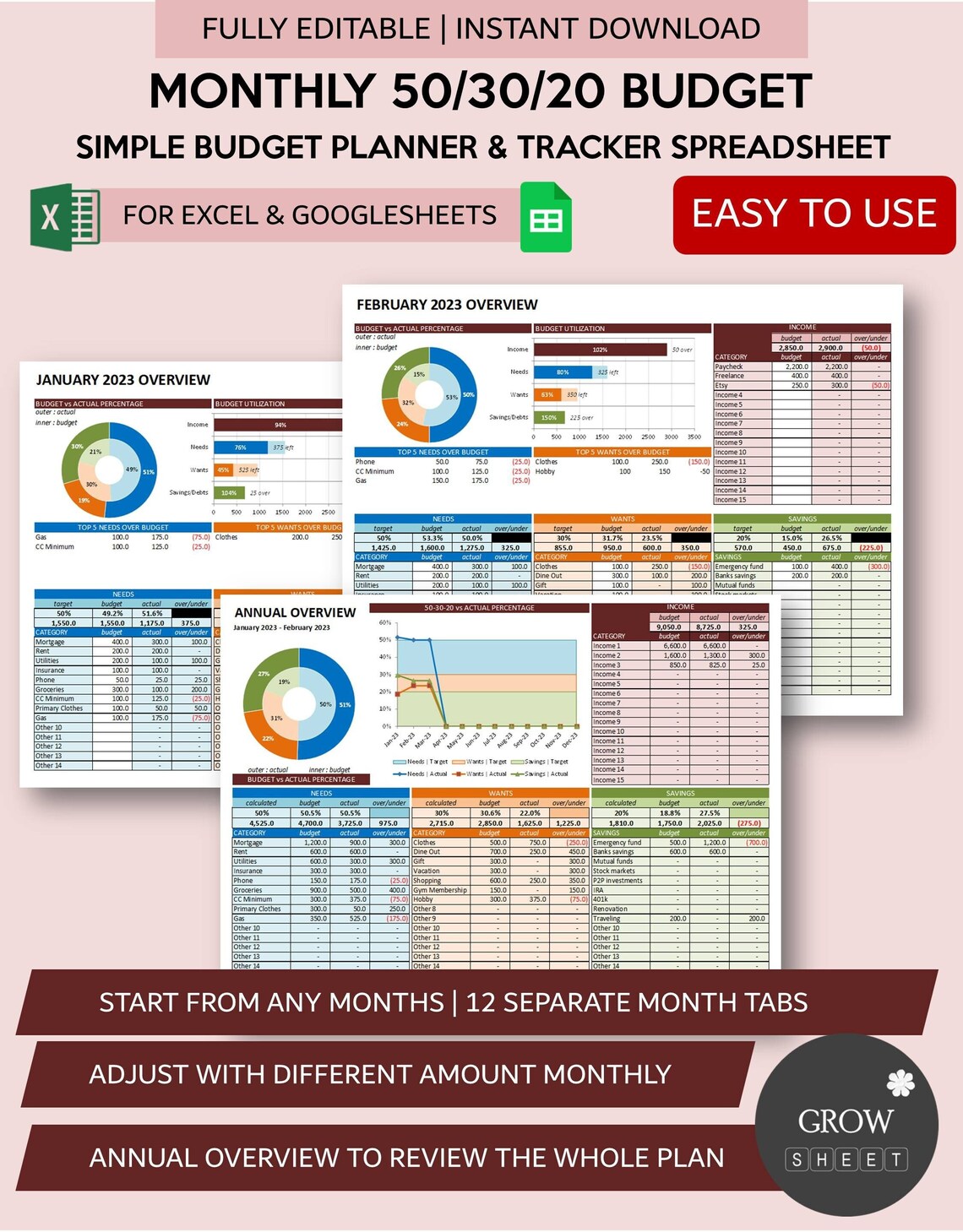 50/30/20 Monthly Budget Template Expenses Tracker Digital Budget ...