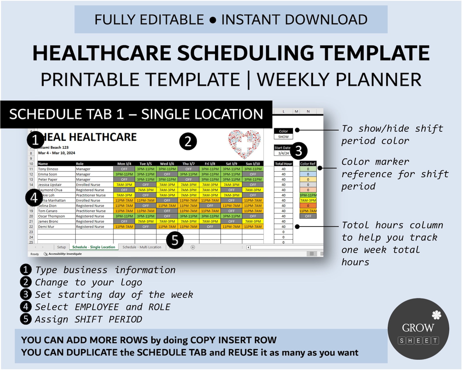 Healthcare Scheduling Template for Excel and Google Sheets Multi Roles ...