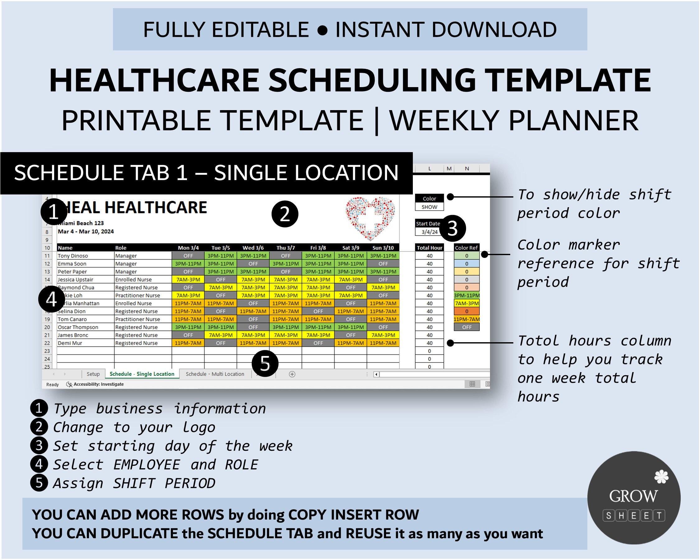 Healthcare Scheduling Template for Excel and Google Sheets | Multi ...