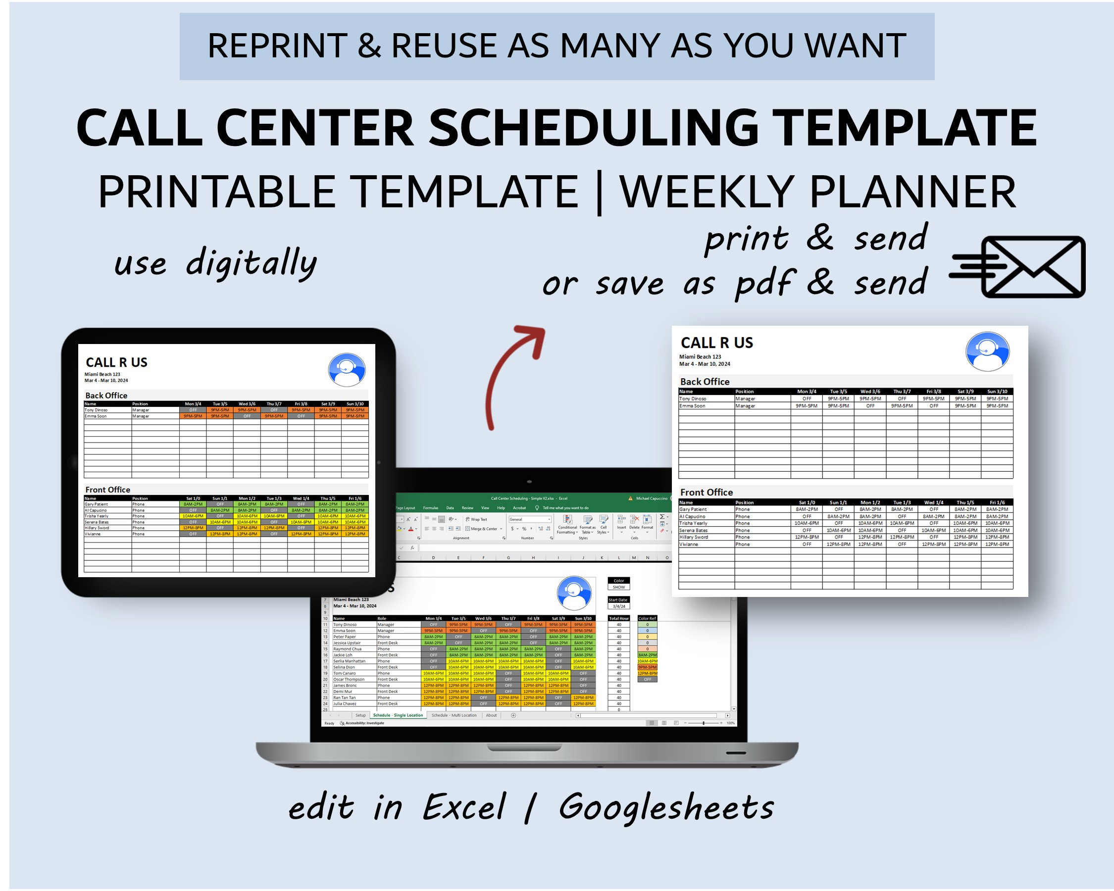 Call Center Scheduling Template for Excel and Google Sheets Multi Roles ...