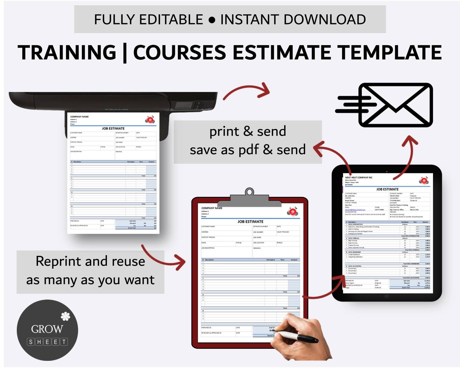 Printable Training Estimate Template for Excel and Google Sheets | Hourly Job Estimate Template ...