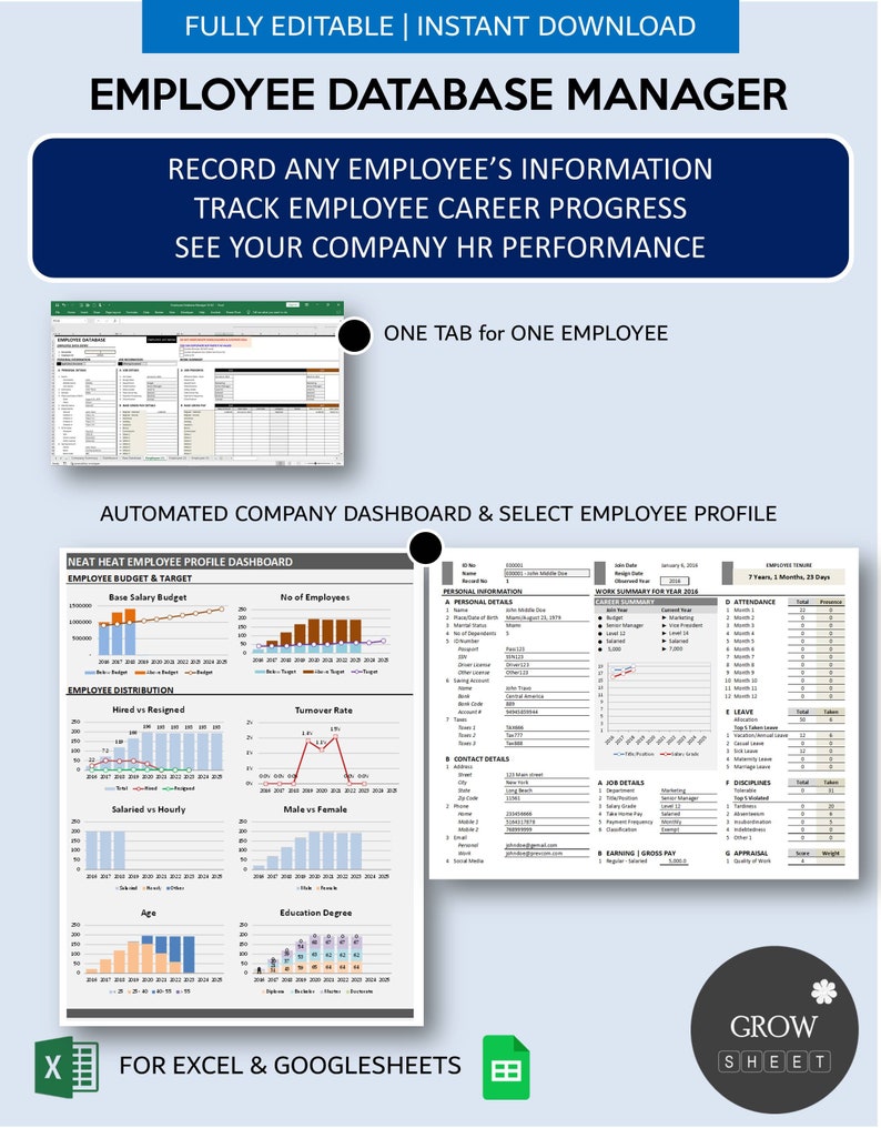 Employee Database Management System for Excel and Google Sheets | Human ...