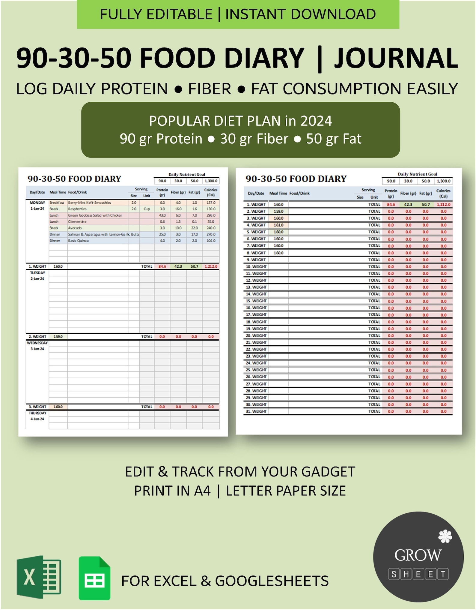 90-30-50 Food Diary | Daily Food Journal With Nutrient Calculator | 90 ...