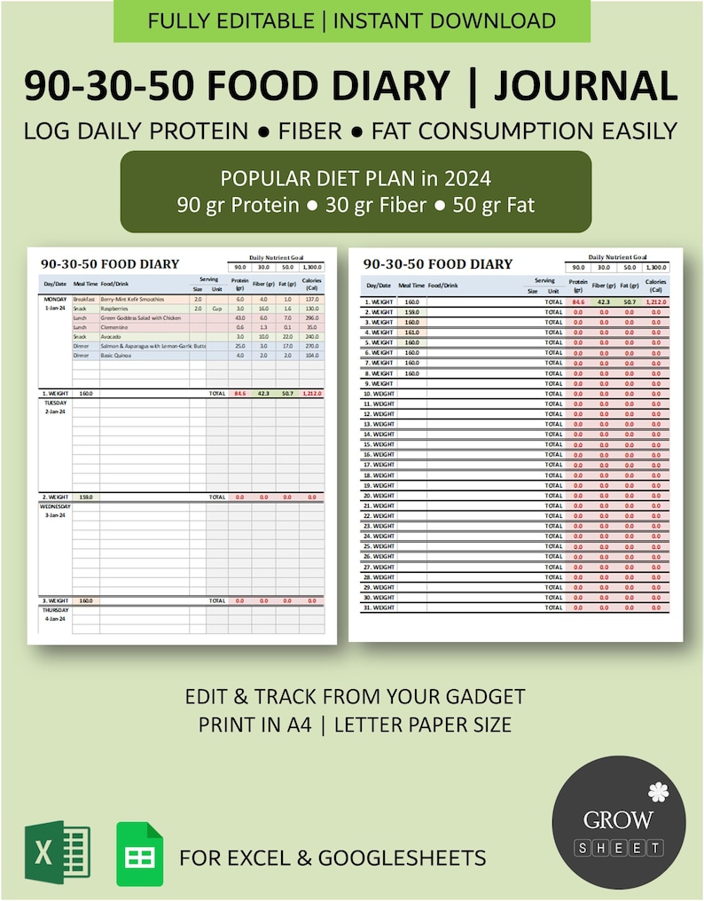 90-30-50 Food Diary | Daily Food Journal With Nutrient Calculator | 90 ...