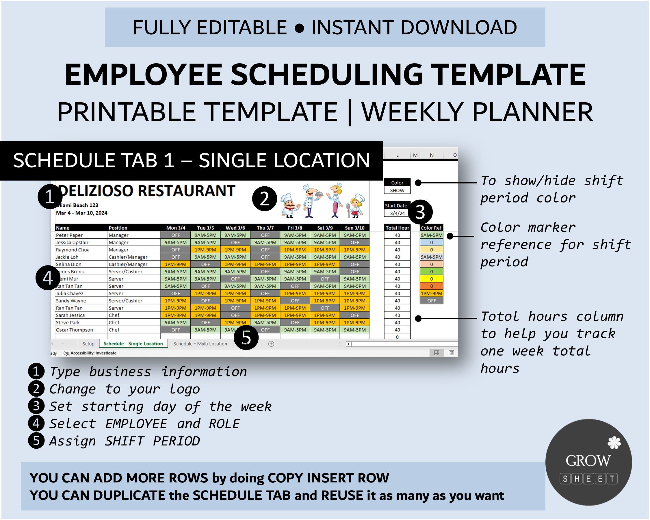 Employee Scheduling Template for Excel and Google Sheets | Multi Roles ...