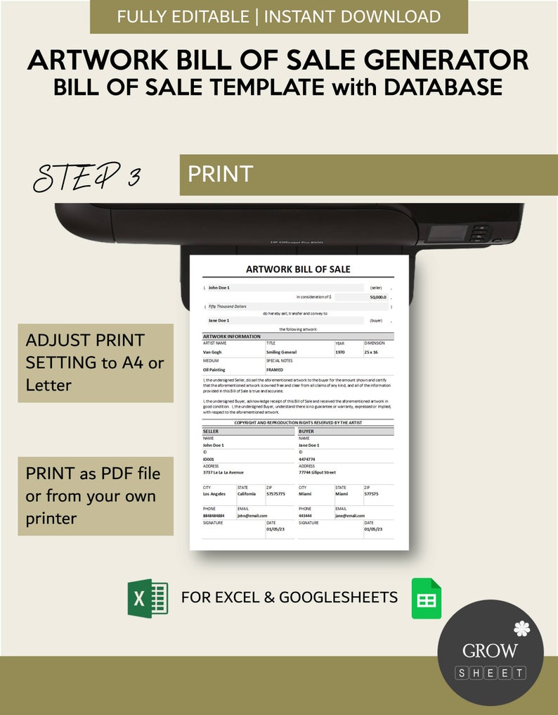 Artwork Bill of Sale Generator | One Page Artist Bill of Sale Template ...
