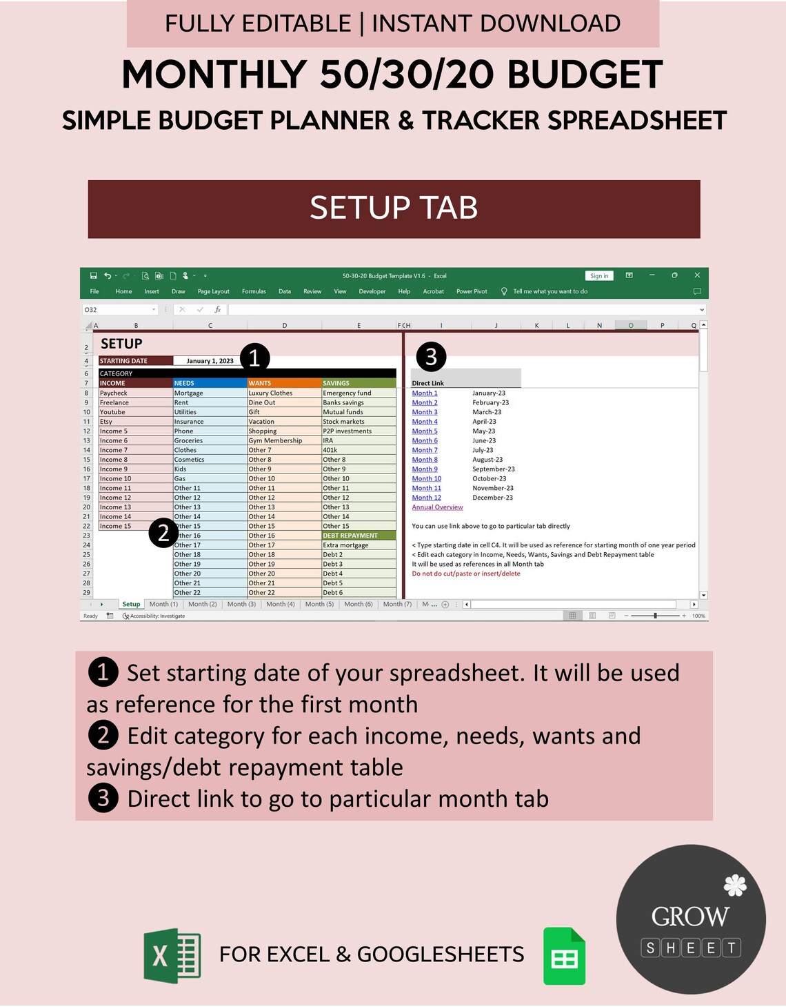 50/30/20 Monthly Budget Template Expenses Tracker Digital Budget ...