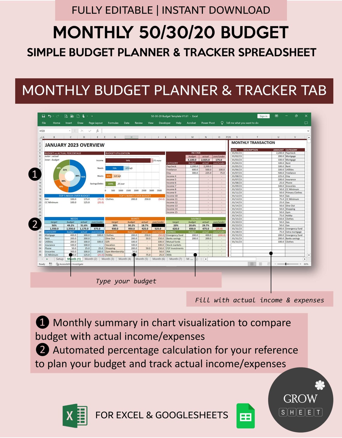 50/30/20 Monthly Budget Template Expenses Tracker Digital Budget ...