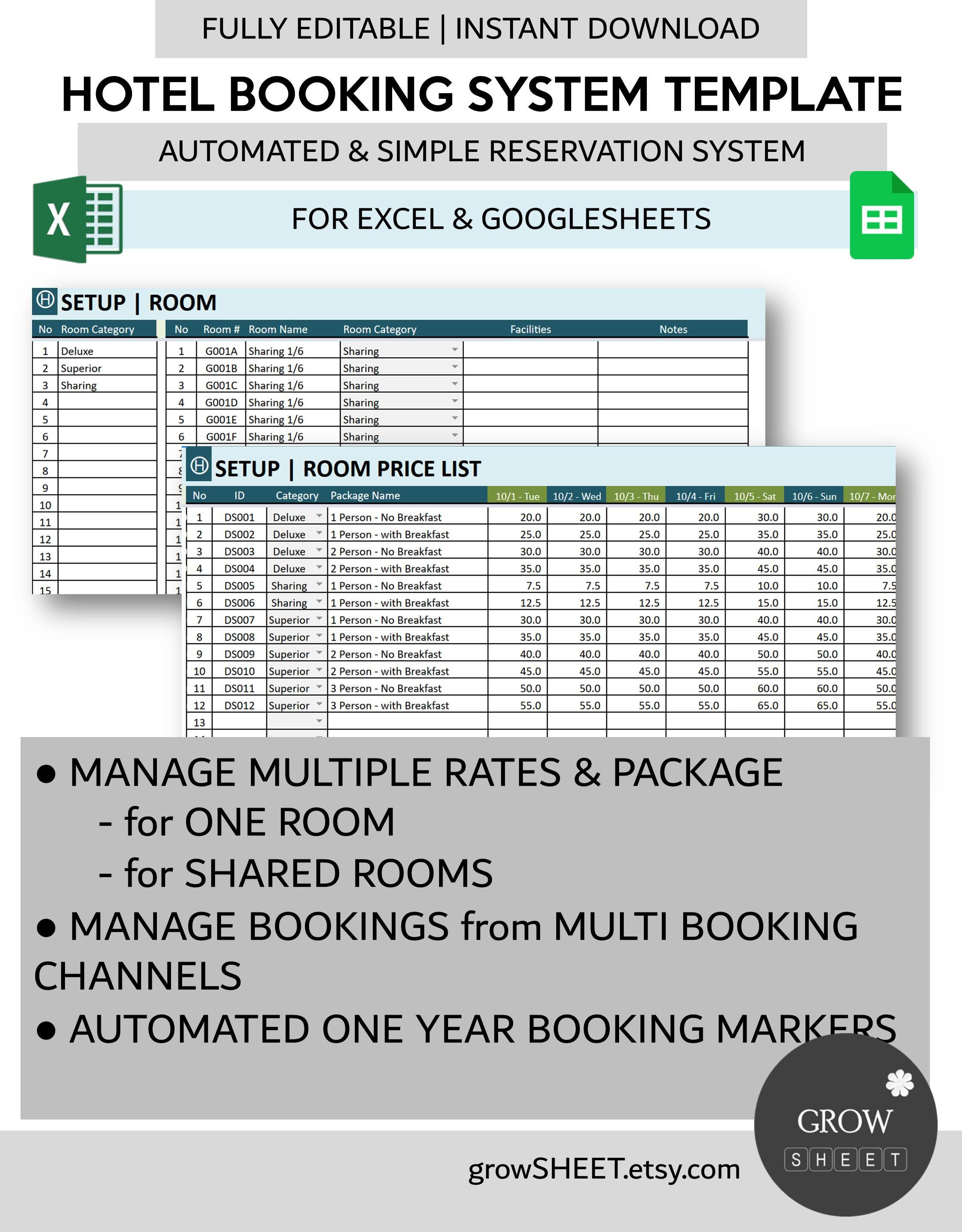 Hotel Booking System Template | Hotel Reservation Spreadsheet for Excel ...