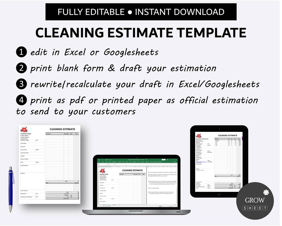 Printable Cleaning Estimate Template for Excel and Google Sheets | Work ...