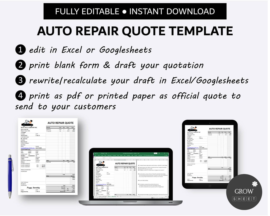 Printable Auto Repair Quote Template for Excel and Google Sheets ...