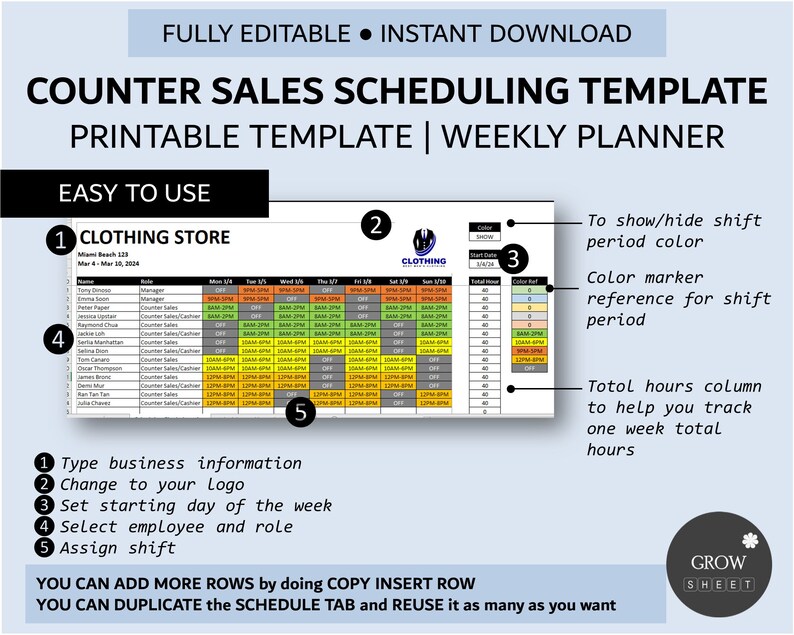 Sales Scheduling Template for Excel and Google Sheets | Multi Roles ...