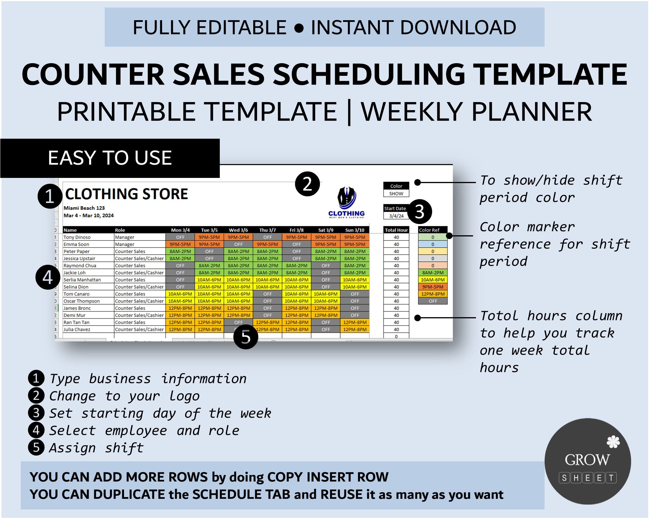 Sales Scheduling Template for Excel and Google Sheets | Multi Roles ...