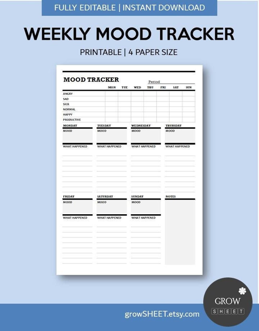 Weekly Mood Tracker Insert | Customizable Mood Tracker Excel ...