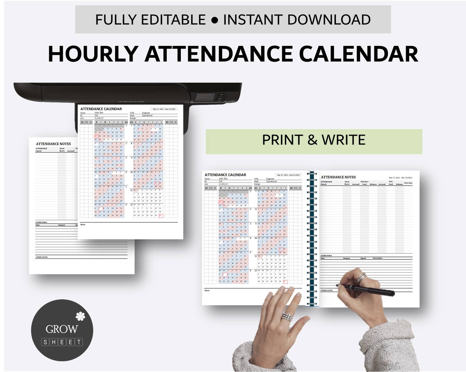 Printable Hourly Employee Attendance Calendar | Custom Attendance ...