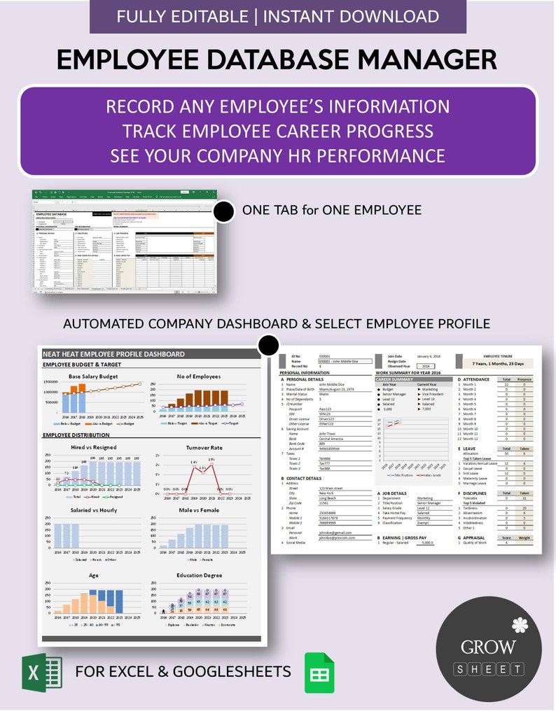 Employee Database Management System for Excel and Google Sheets Human Resources KPI 10 Years ...